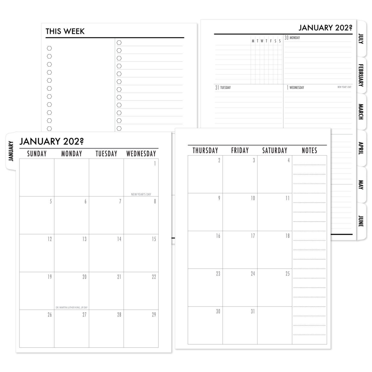 White Snow Tabbed Planner Insert | Monthly + Weekly Calendar Layout