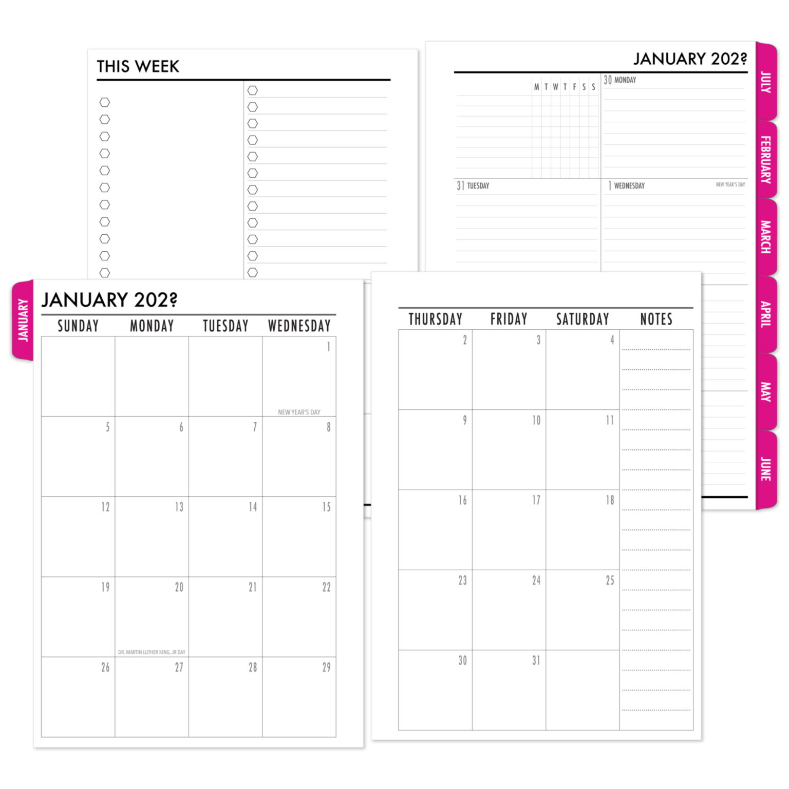 Fuchsia Flare Tabbed Planner Insert | Monthly + Weekly Calendar Layout