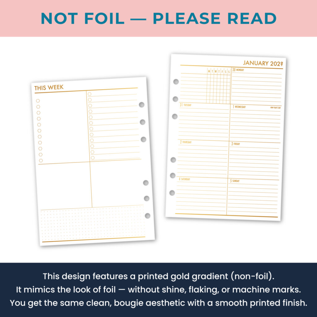Weekly Horizontal + Monthly Complete Tabbed Planner Insert, Gold Luxe ...