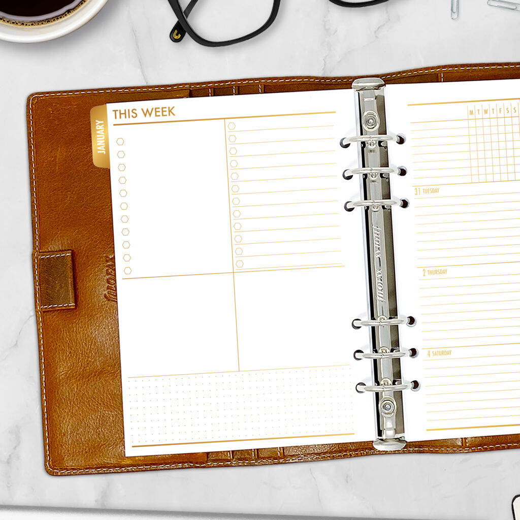Weekly Horizontal + Monthly Complete Tabbed Planner Insert, Gold Luxe ...
