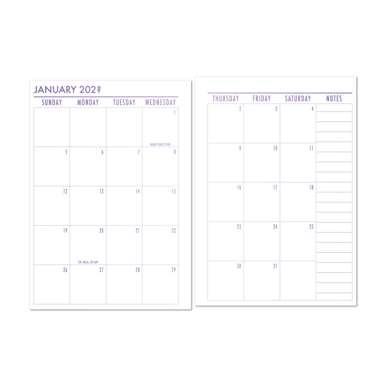 Month on 2 Pages Planner Refill, Minimalist Monthly Calendar, Deluxe or ...